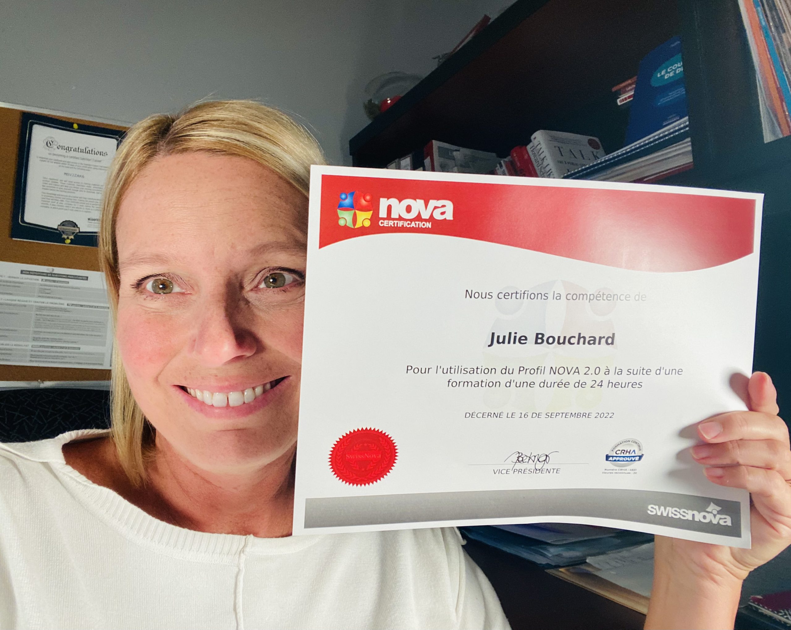 Julie Bouchard, Certifiée pour administrer l’outil psychométrique Profil NOVA 2.0 - Coaching RH